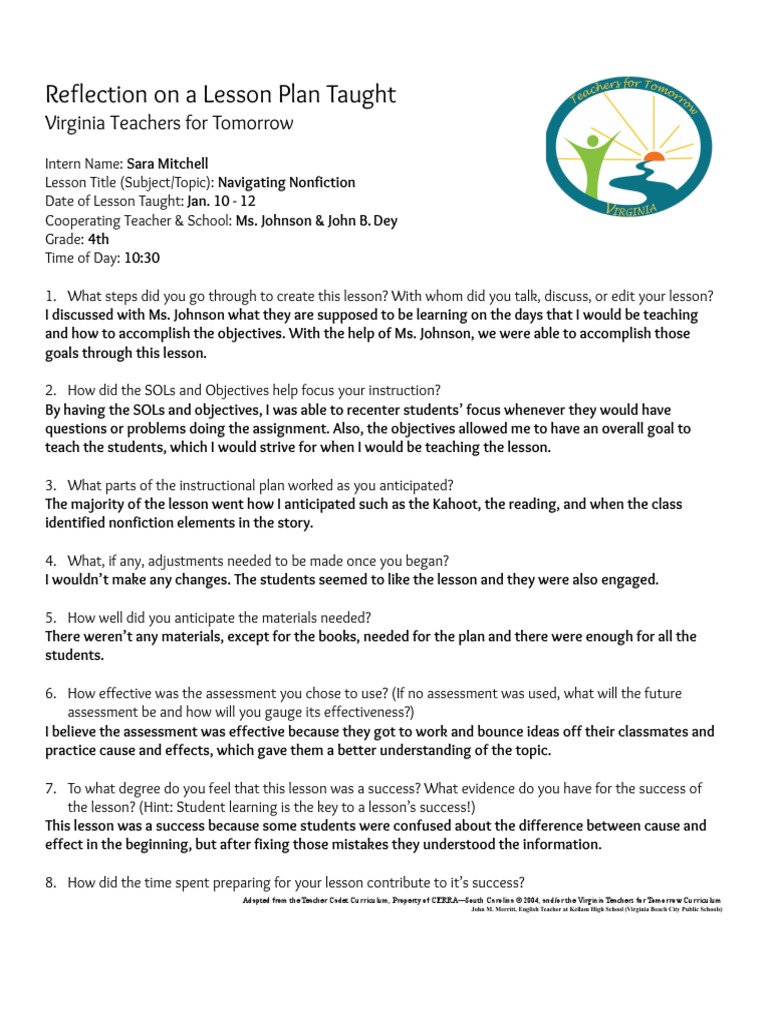 Reflection on Nonfiction Lesson Plan | PDF | Lesson Plan | Teaching