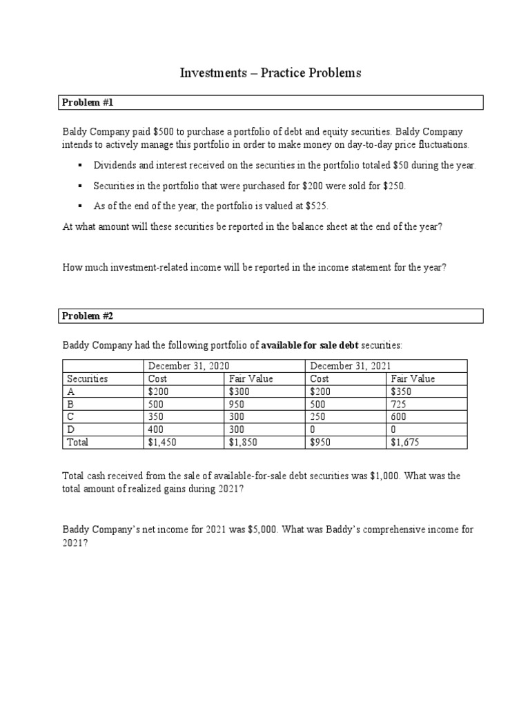 Investment Practice Problems | PDF | Equity (Finance) | Securities ...
