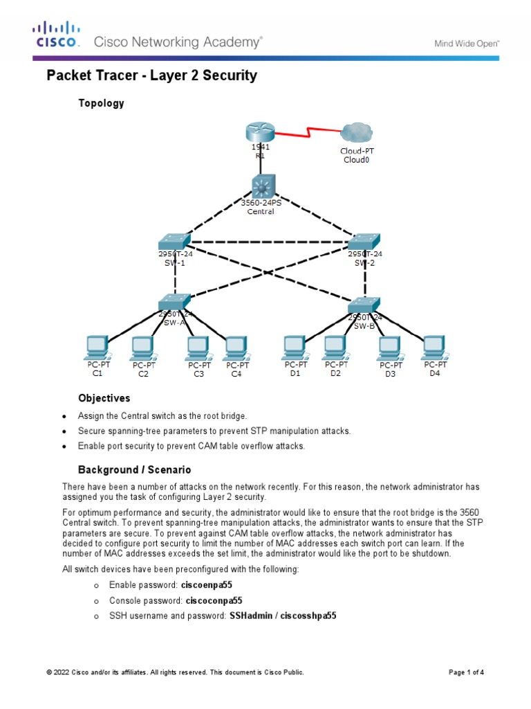 6.3.1.2 Packet Tracer - Layer 2 Security | PDF | Network Architecture | Computer Networking