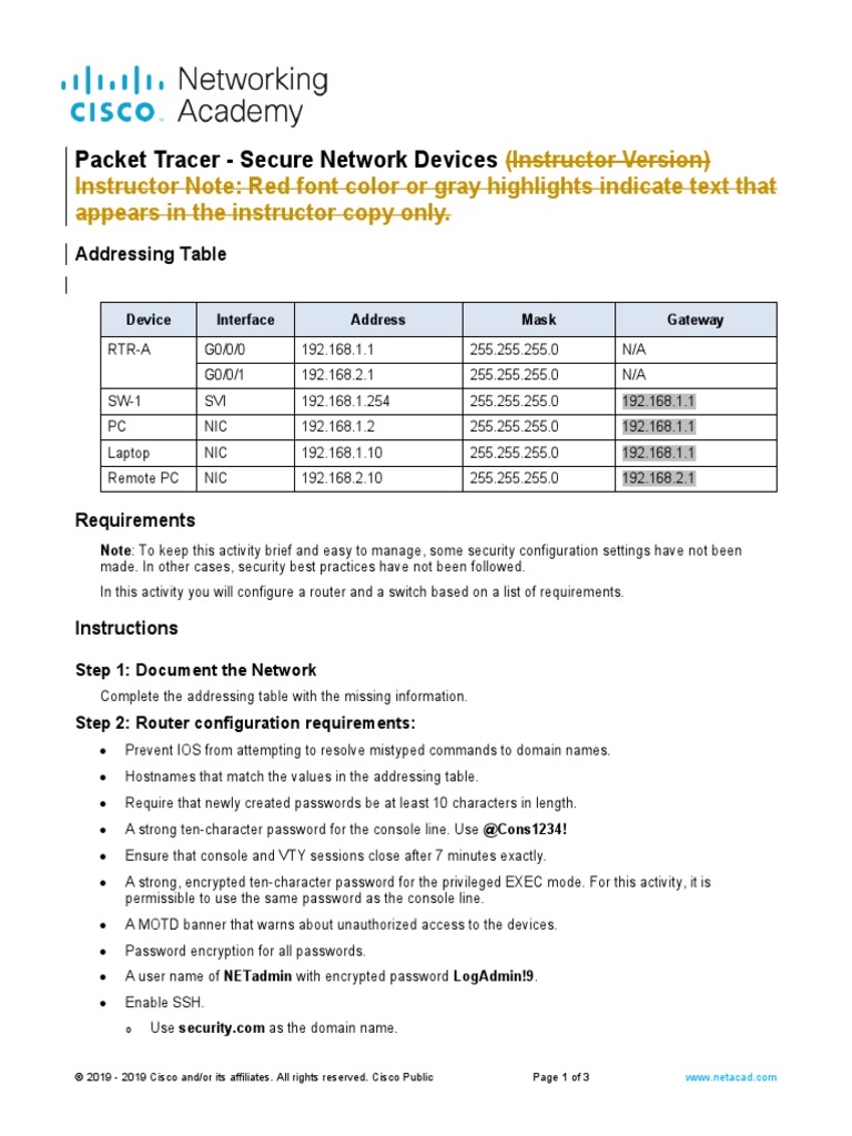 16.5.1 Packet Tracer - Secure Network Devices - ILM Alumno | PDF | Computer Network | Password