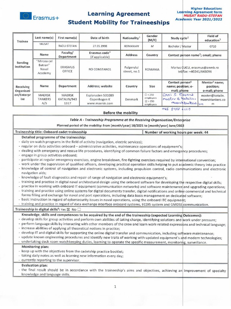 Musat Radu Erasmus Learning Agreement | PDF