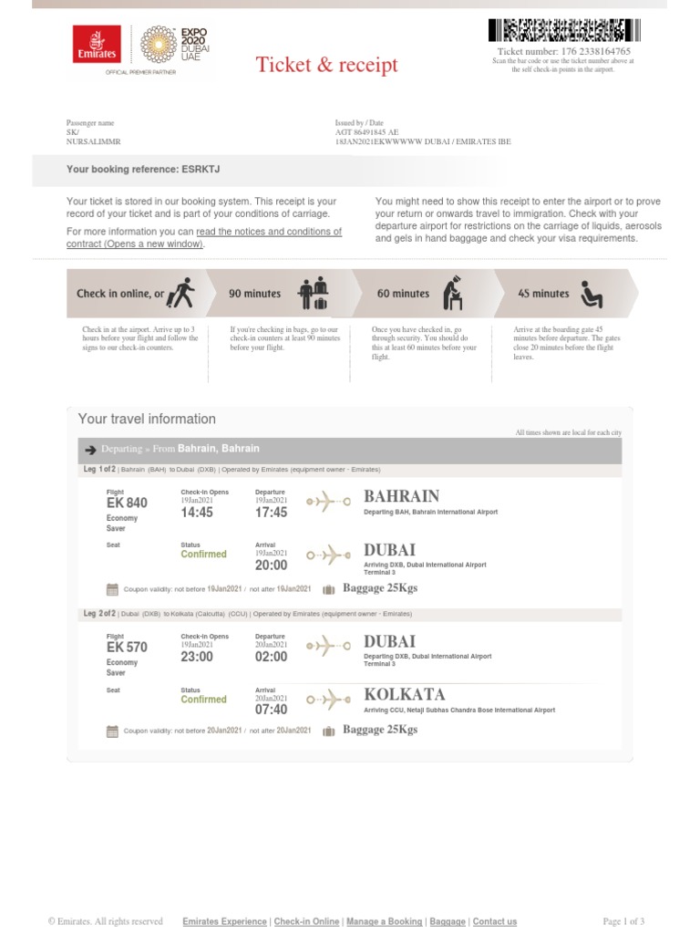 Emirates Ticket 1 | PDF | Baggage | Aviation