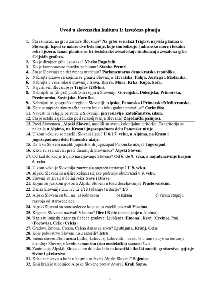 Uvod U Slovenačku Kulturu 1 SVA PITANJA | PDF