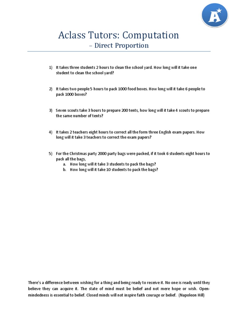 Computation Worksheet - Indirect Proportion | PDF
