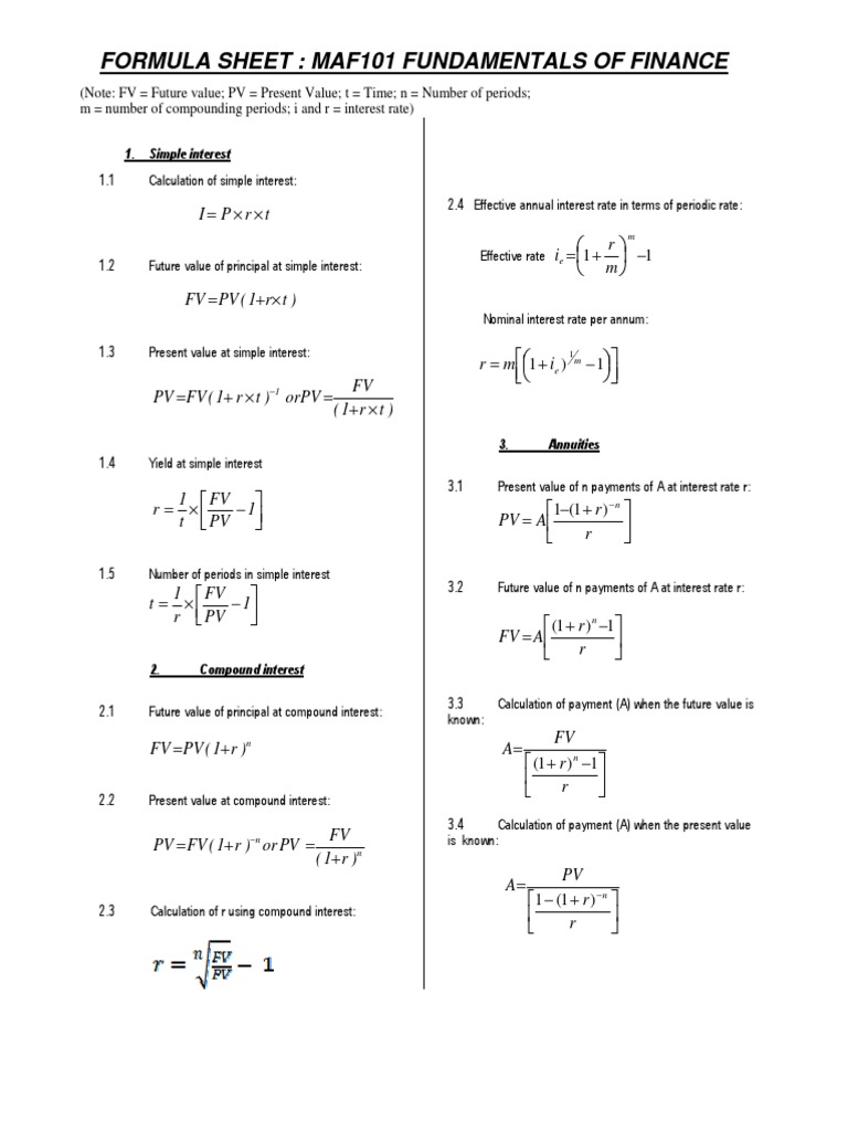 MAF101 Formula Sheet-2010TR1 | PDF | Present Value | Compound Interest