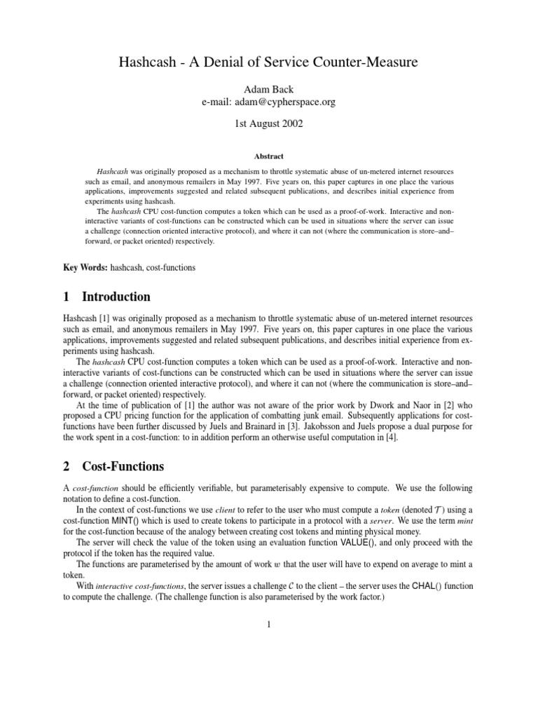 Hashcash - A Denial of Service Counter-Measure | PDF | Denial Of ...