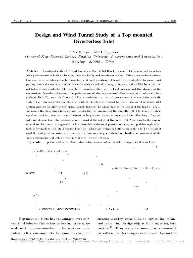 Design and Wind Tunnel Study of A Top Mounted Diverterless Inlet | PDF ...