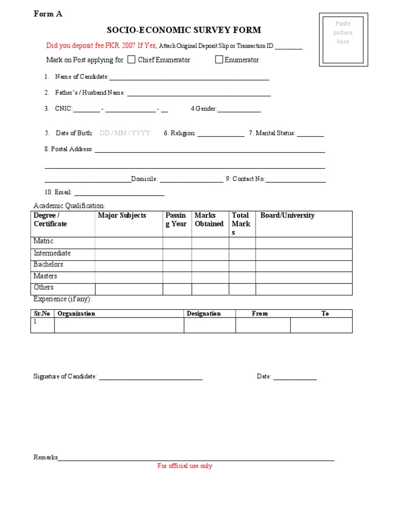 Socio-Economic Survey Form: Did You Deposit Fee PKR 200? If Yes | PDF ...