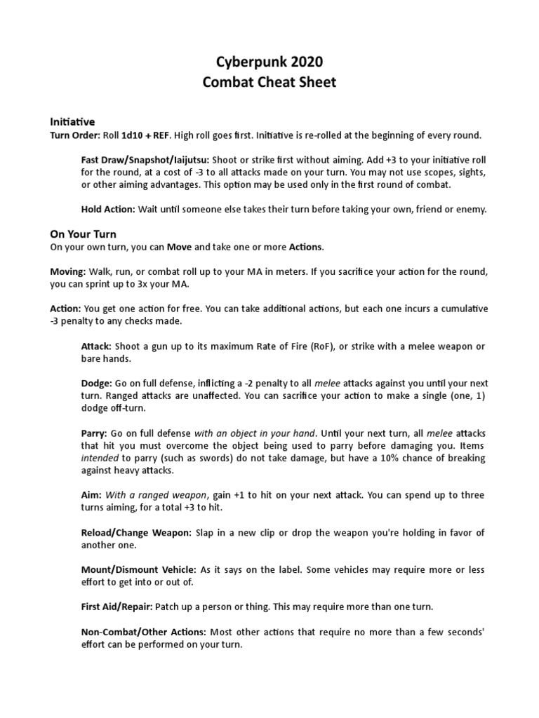 Cyberpunk 2020 Combat Cheat Sheet | PDF | Projectiles | Firearms
