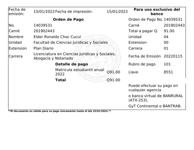 Boleta de Pago USAC 2022 | PDF