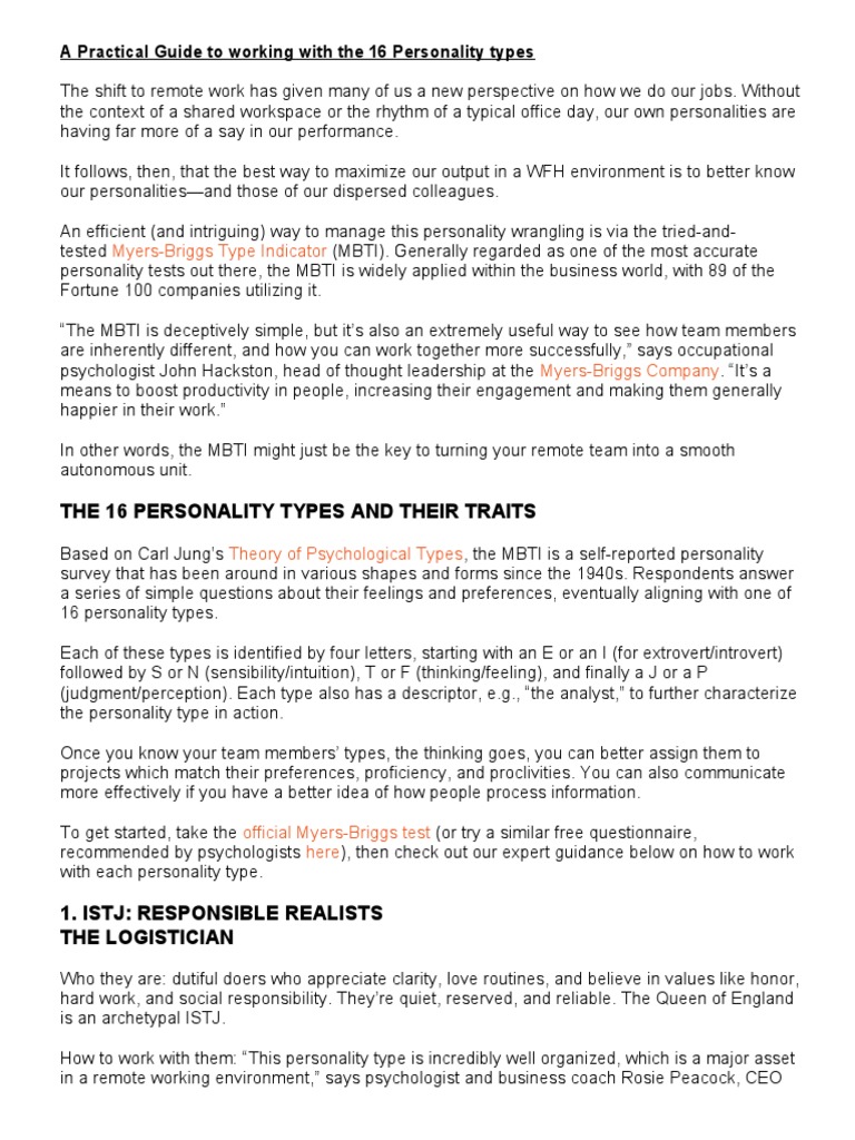 A Practical Guide To Working With The 16 Personality Types | PDF ...