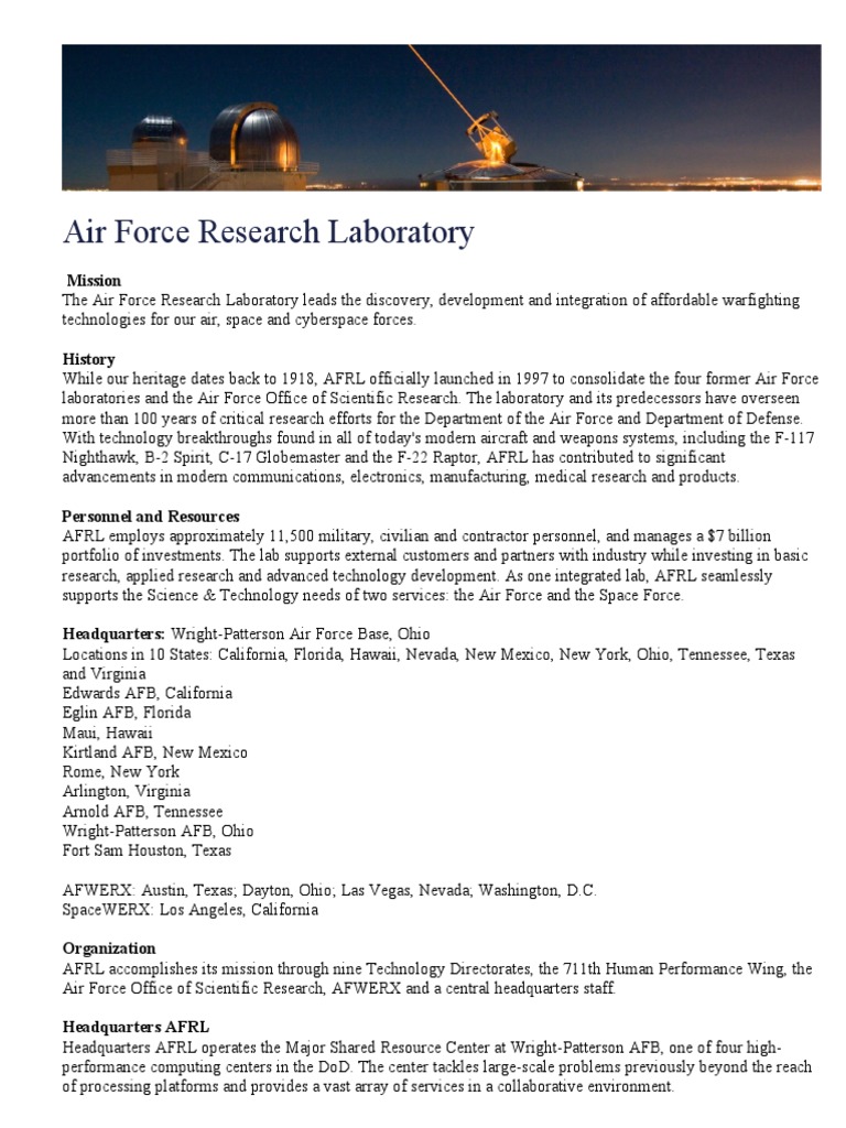 Air Force Research Laboratory Overview | PDF | Military