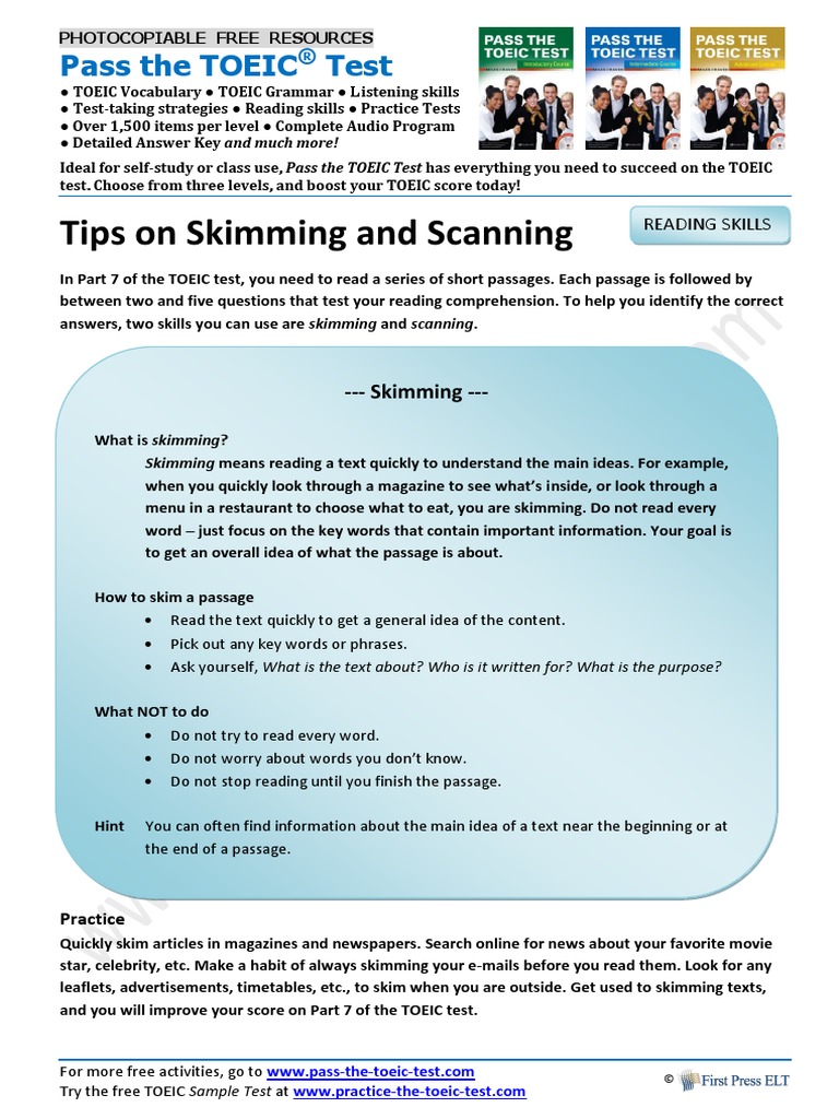 Tips On Skimming and Scanning | PDF | Speed Reading | Reading Comprehension