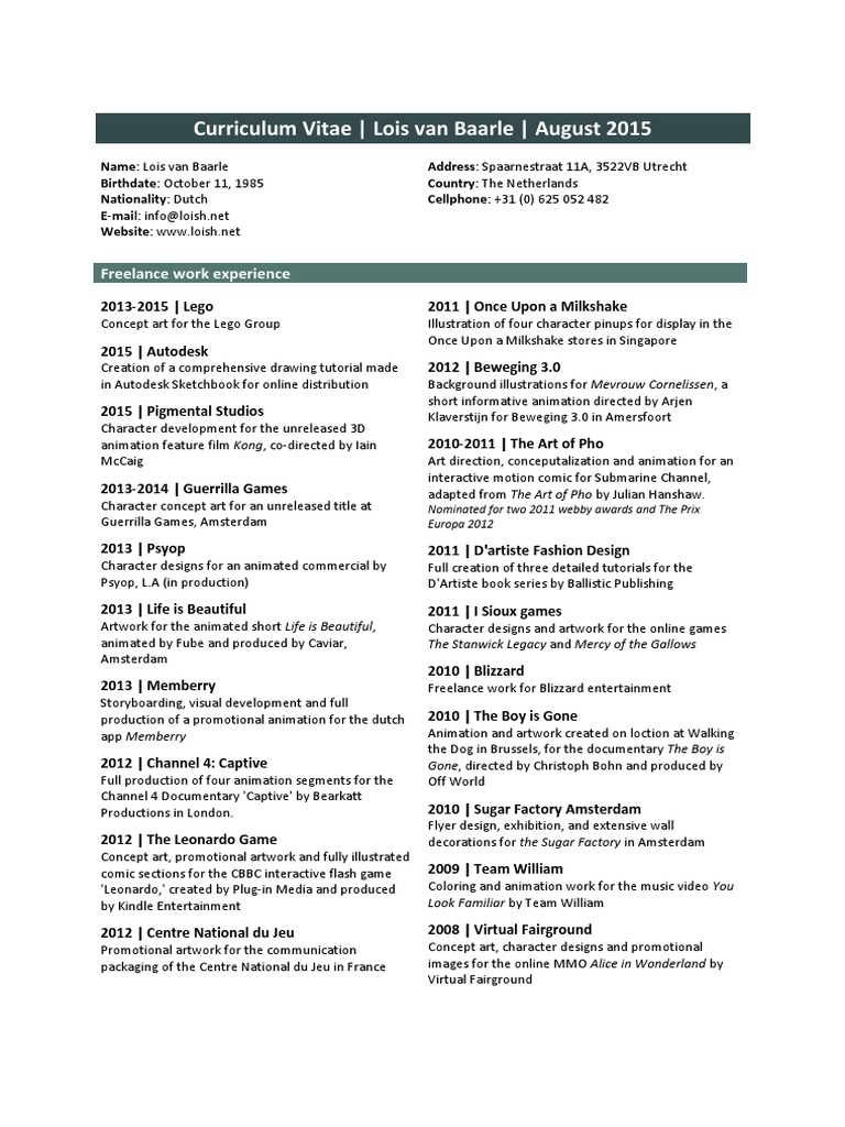 LoisvanBaarle Curriculumvitae | PDF | Animation | The Arts