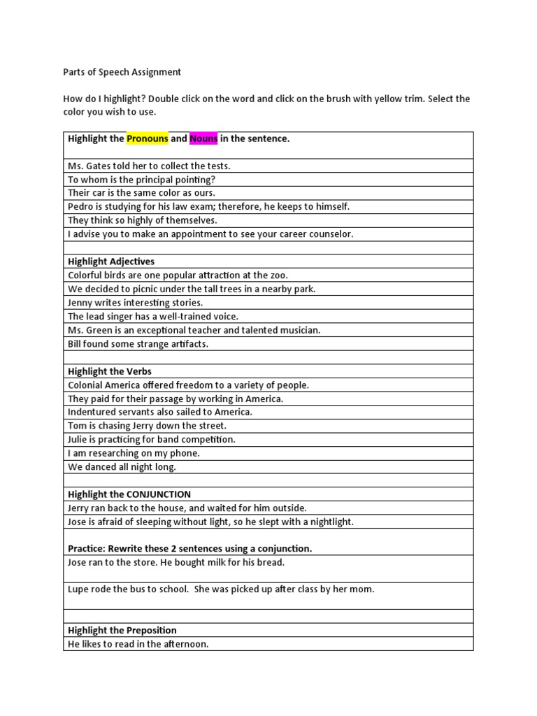 Parts of Speech Assignment | PDF
