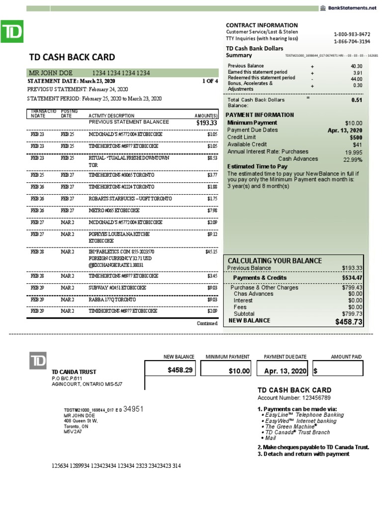TD Cash Back Card: MR JOHN DOE 1234 1234 1234 1234 | PDF | Payments ...