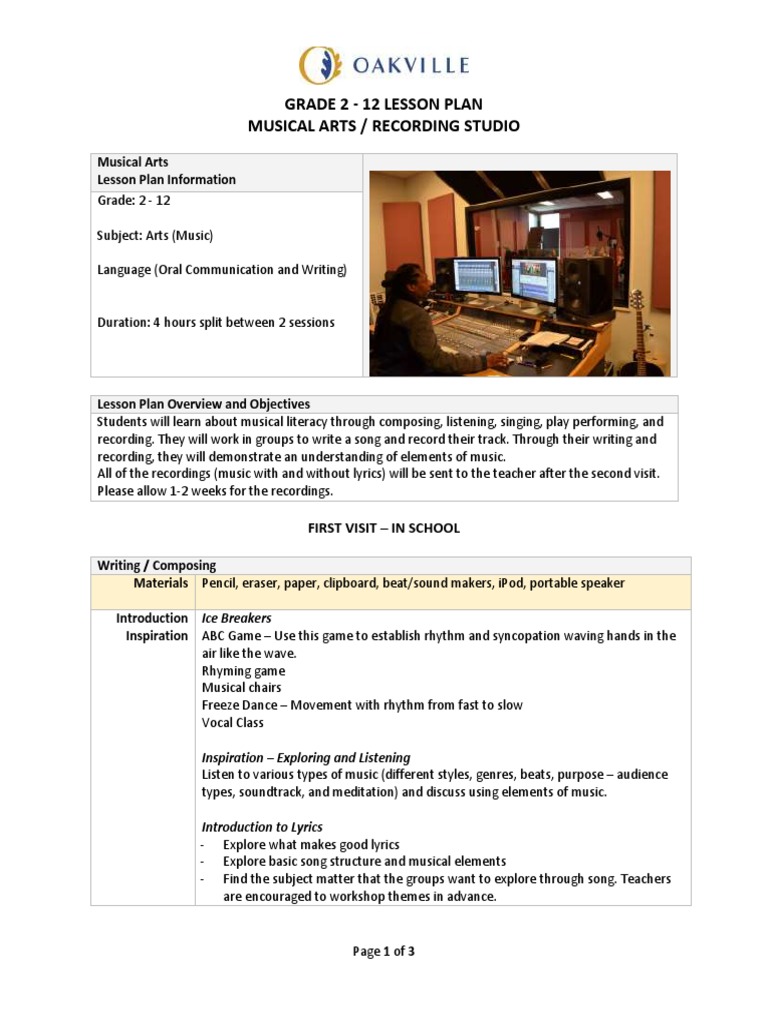 Grade 2 - 12 Lesson Plan Musical Arts / Recording Studio | PDF | Lesson ...