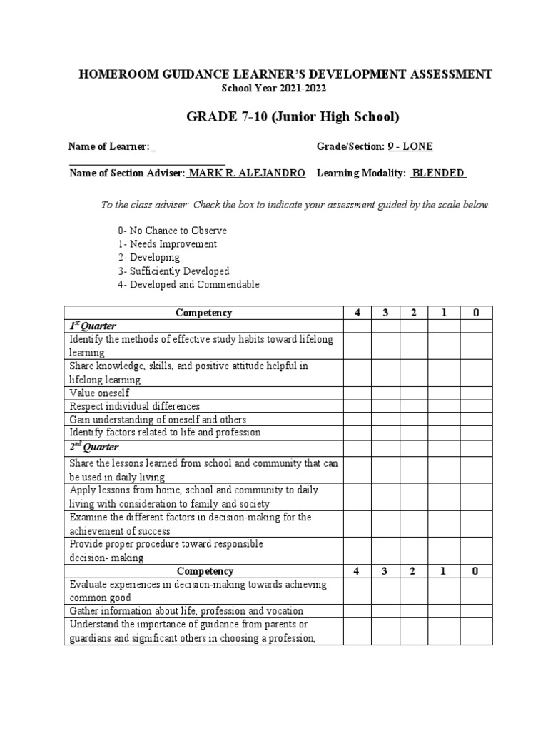 GRADE 7-10 (Junior High School) : Homeroom Guidance Learner'S ...