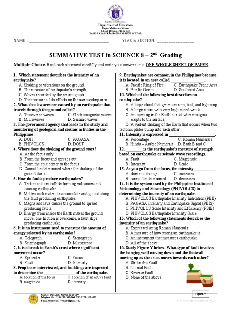 Summative Test in Science 8 - 2 Grading: Multiple Choice | PDF ...