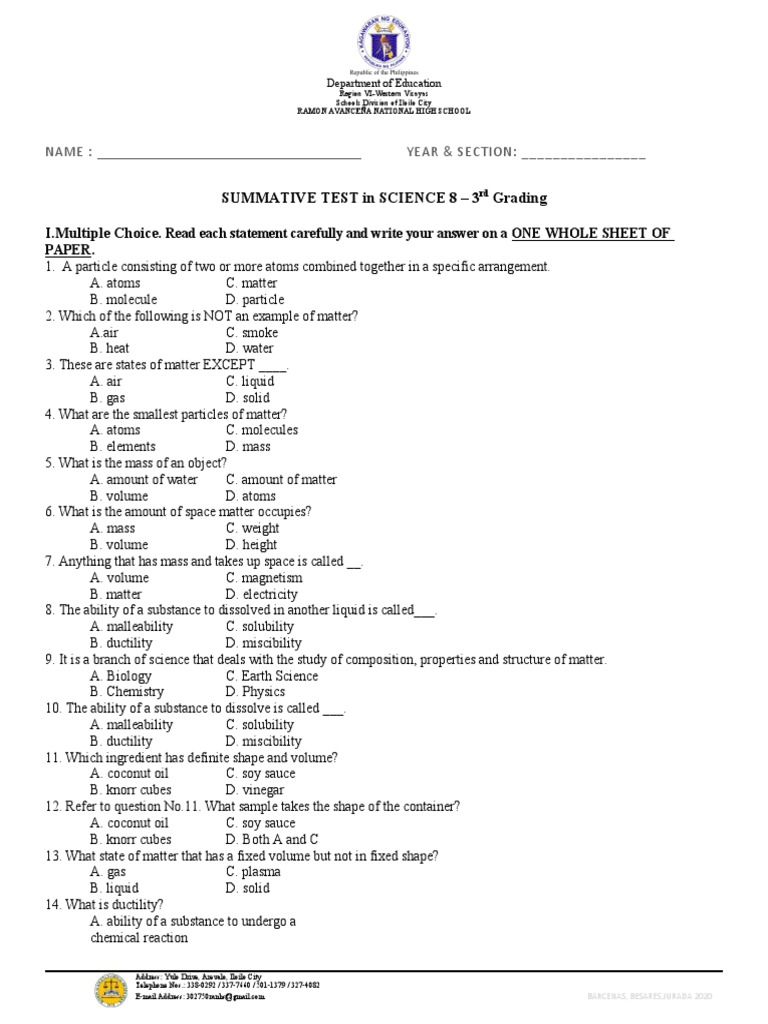 3rd Quarter Summative Test | PDF | Matter | Proton