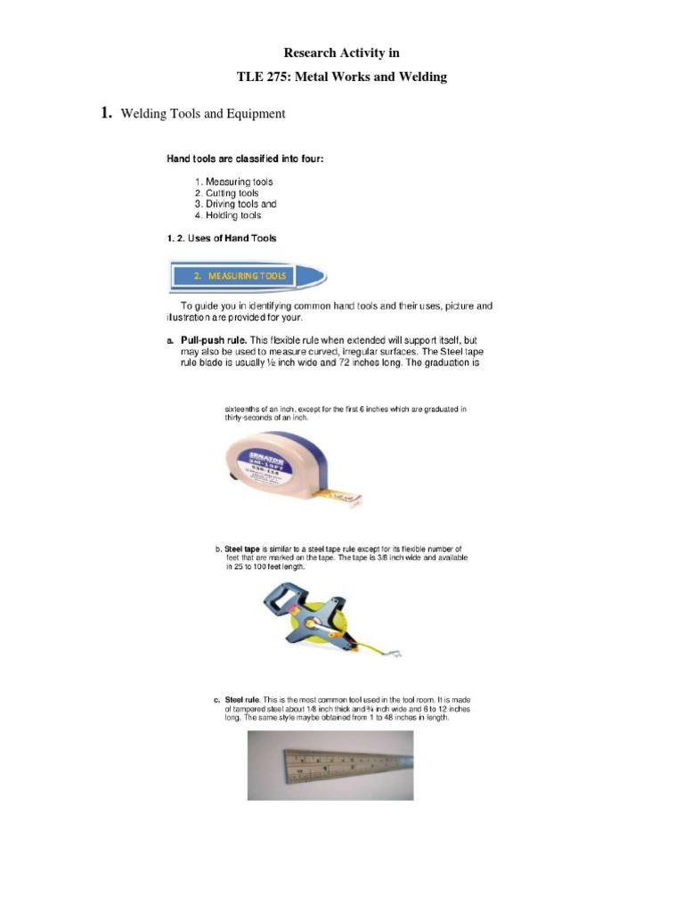 Welding Tools and Equipment: Research Activity in TLE 275: Metal Works ...