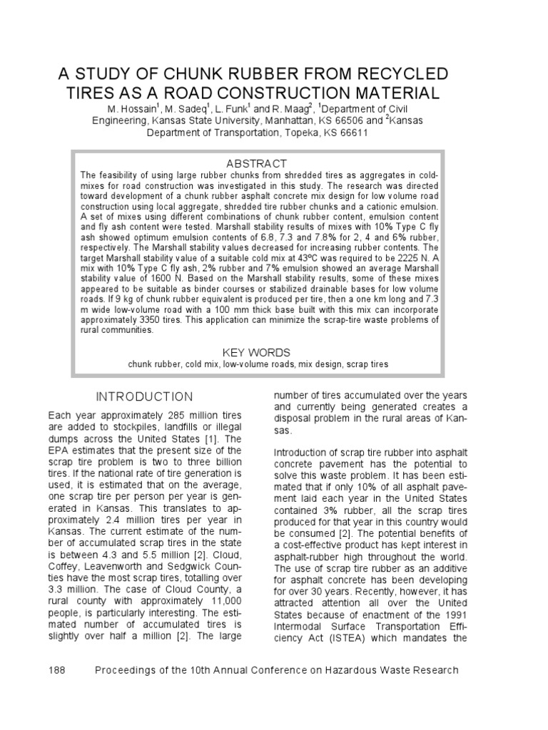 A Study of Chunk Rubber From Recycled Tires As A Road Construction ...