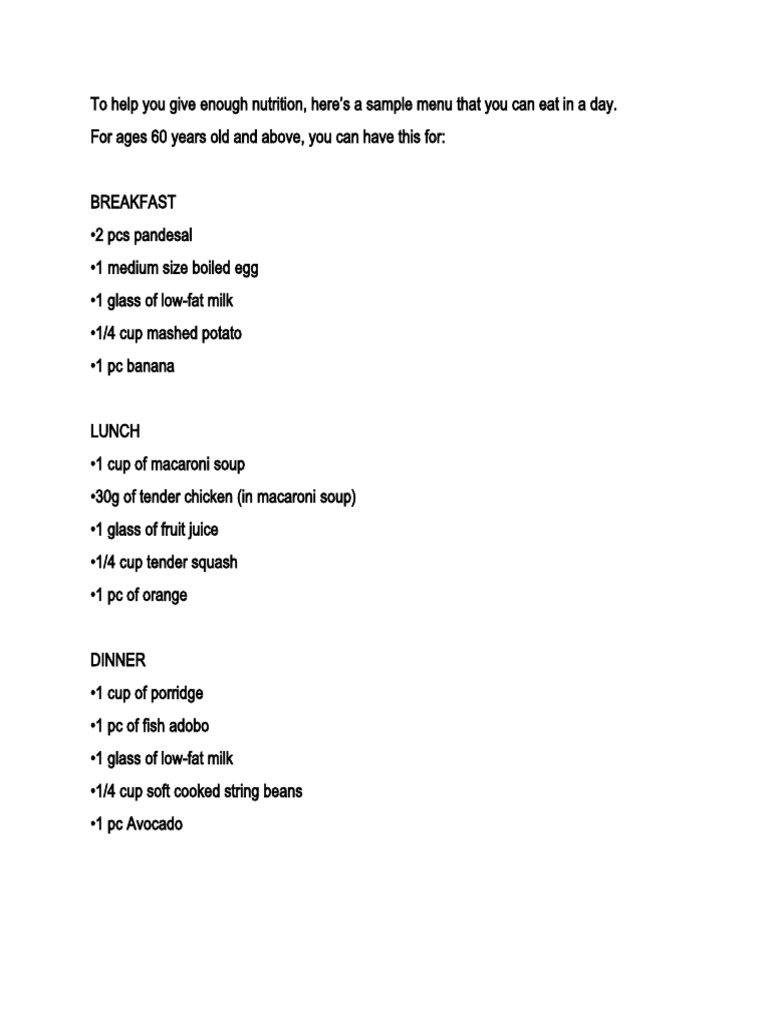 Sample Menu For Elderly | PDF
