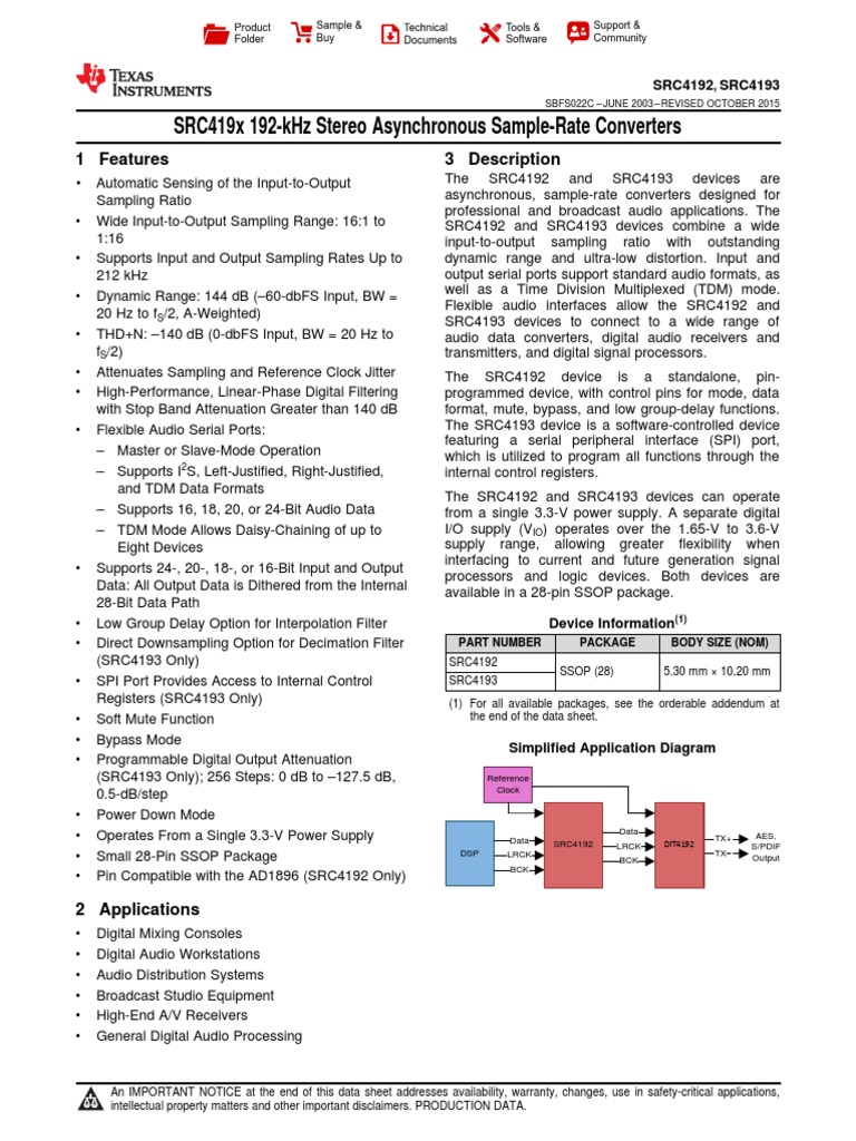 Src419X 192-Khz Stereo Asynchronous Sample-Rate Converters: 1 Features ...