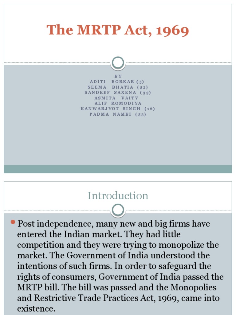 The MRTP Act, 1969 | PDF | Monopoly | Marketing