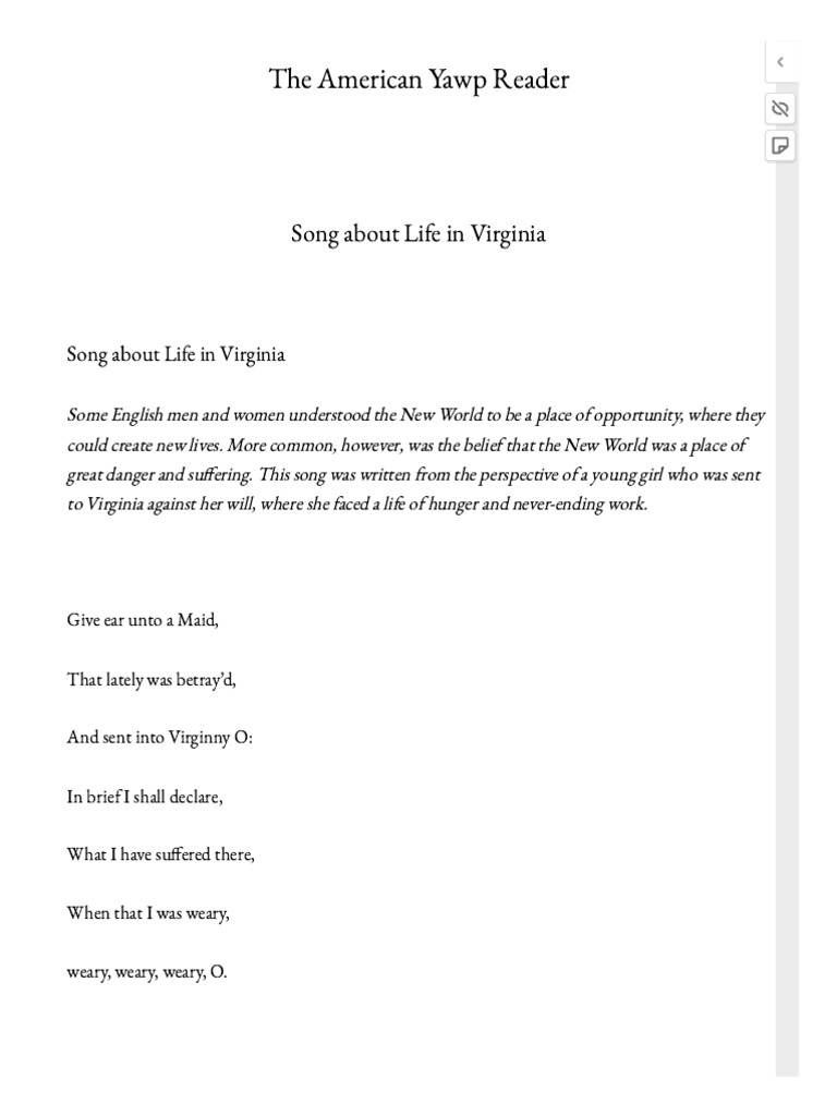 Life in Virginia: A Distressed Maiden's Song | PDF