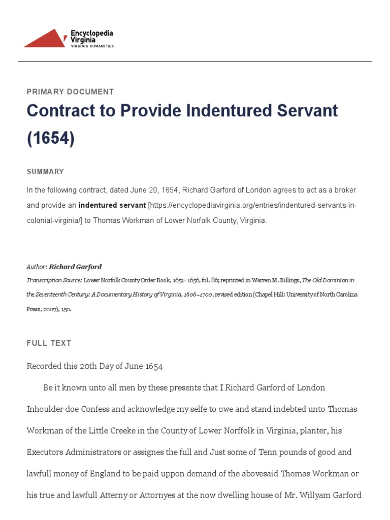 Contract To Provide Indentured Servant (1654) : Primary Document | PDF ...