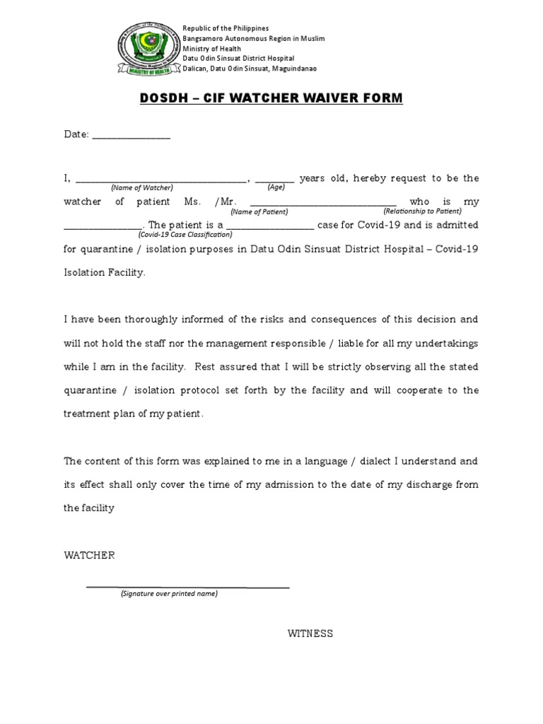 Dosdh - Cif Watcher Waiver Form: (Age) (Relationship To Patient) (Name ...