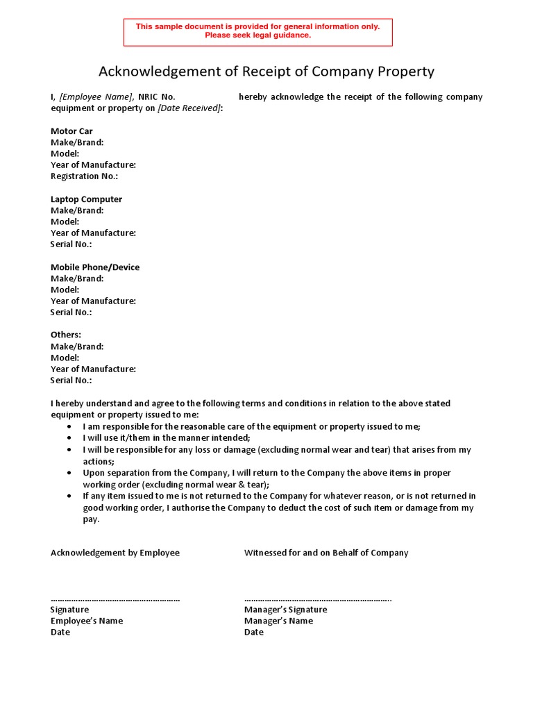 Receipt of Company Property Acknowledgement | PDF