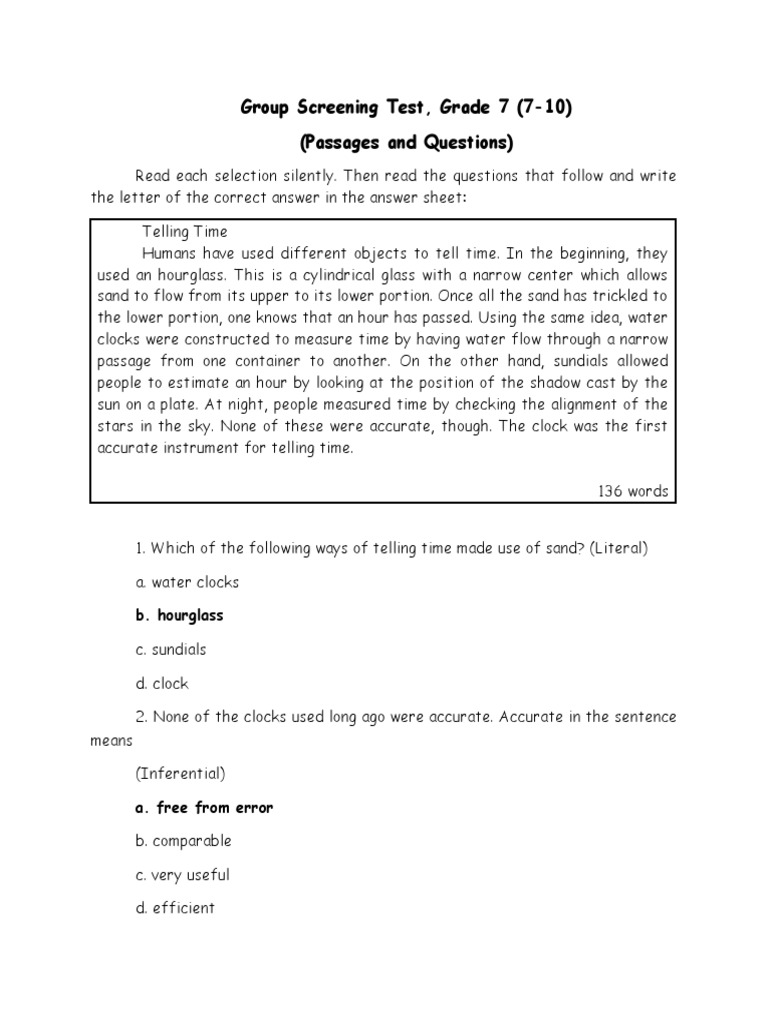 Group Screening Test Grade 7 7 10 Passages and Questions | PDF | Clock ...