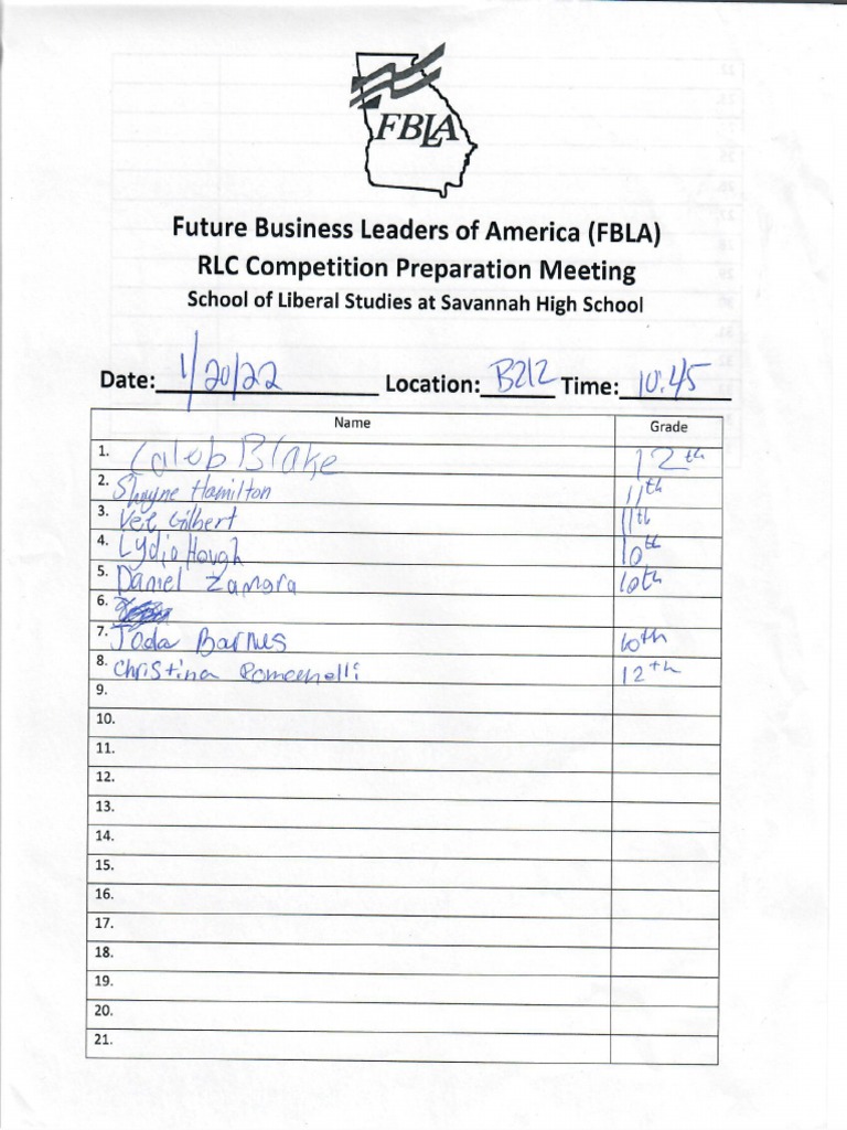 Fbla Meeting Sign in Sheet 1-20-22 | PDF