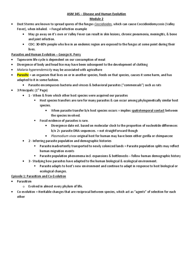 ASM 345 - Disease and Human Evolution | PDF | Parasitism | Infection