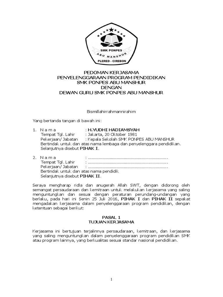 Mou SMK Ponpes Abu Manshur | PDF