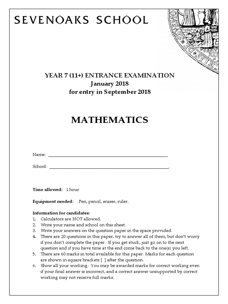 Seven Oaks Year - 7 - 2018 - Maths - Exam | PDF | Rectangle | Area