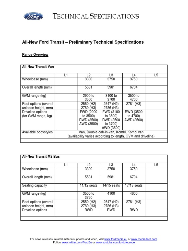 FordTransit TechnicalSpecifications EU | PDF | Ford Motor Company ...