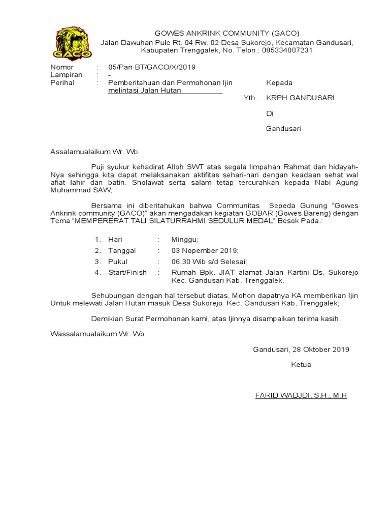 Surat Pemberitahuan Ijin Jalan Hutan Ke KRPH Gandusari | PDF