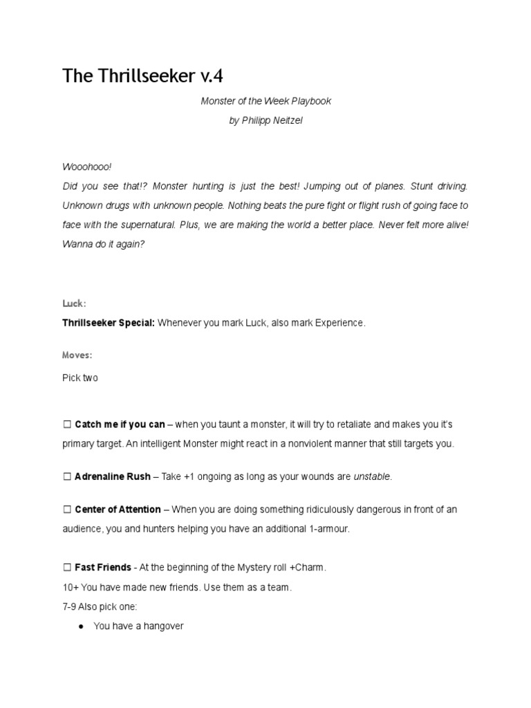 The Thrillseeker - MOTW Playbook - Fourth Draft | PDF