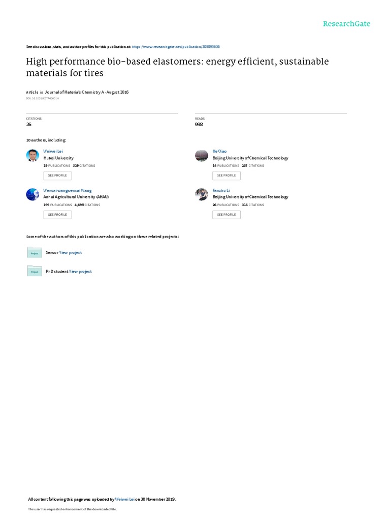 High Performance Bio-Based Elastomers: Energy Efficient, Sustainable ...