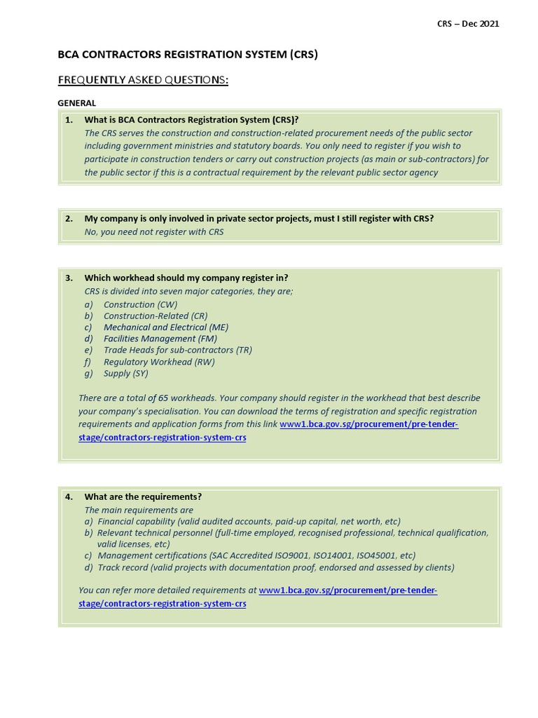 Frequently Asked Questions On Contractors Registration System (CRS ...