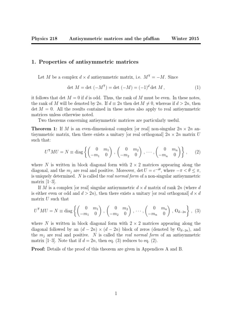 Properties of Antisymmetric Matrices | PDF | Eigenvalues And ...