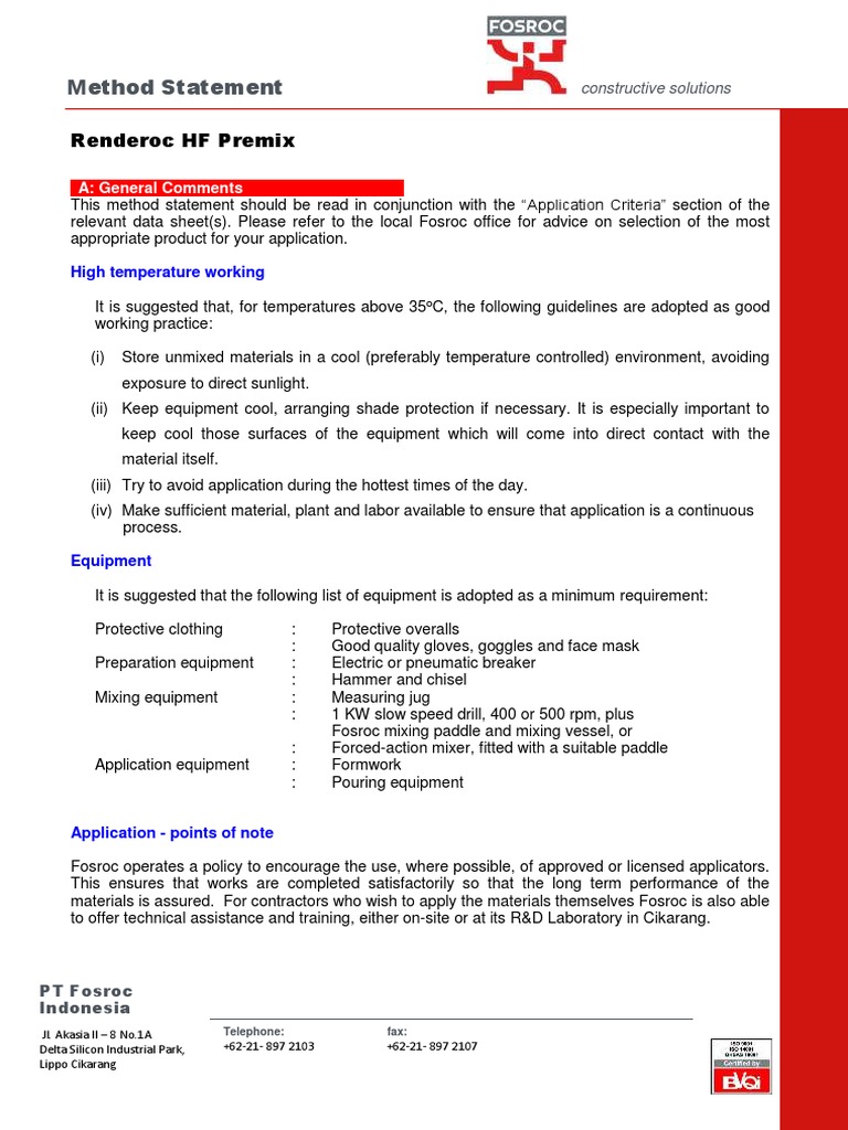 Method Statement: Renderoc HF Premix | PDF | Concrete | Water