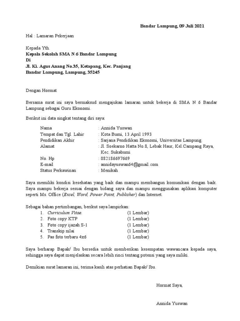 Surat Lamaran SMA N 6 BL | PDF