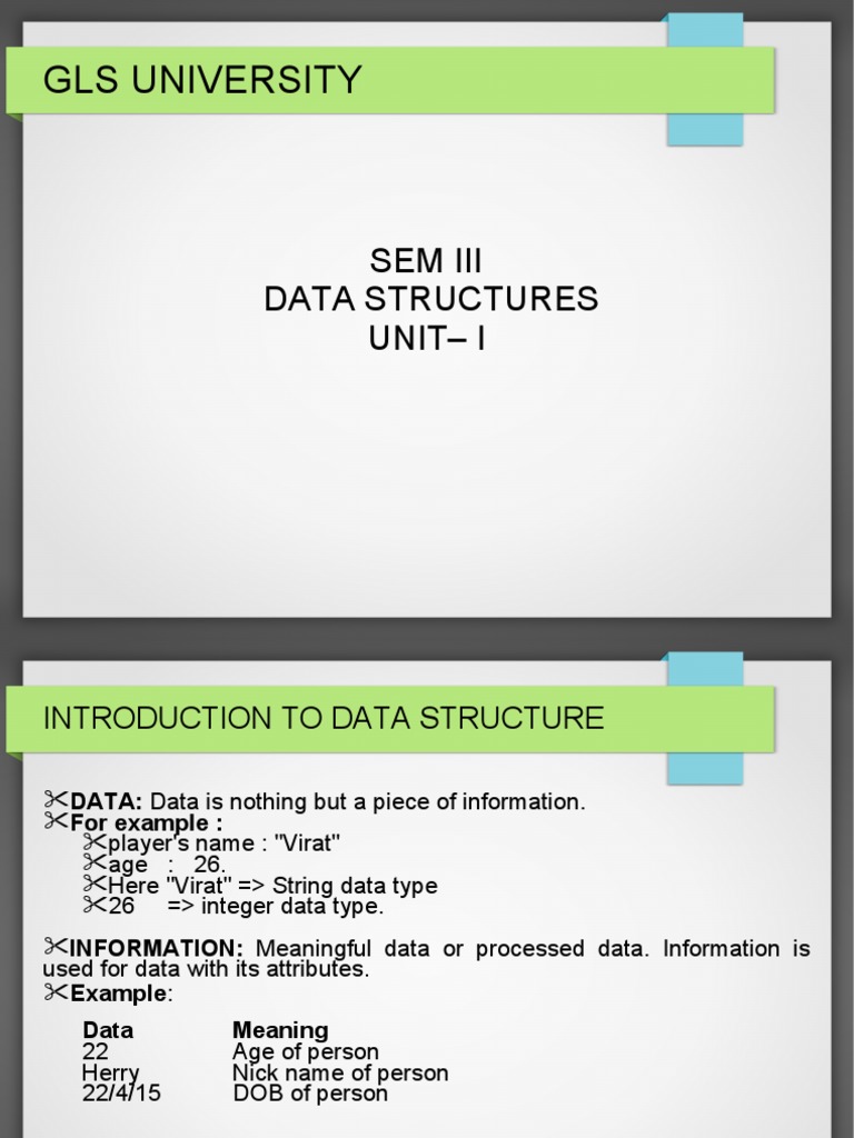 Gls University: Sem Iii Data Structures Unit - I | PDF | Array Data ...
