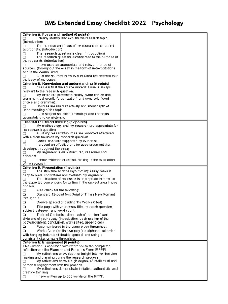Extended Essay Checklist 2022 | PDF | Essays | Critical Thinking