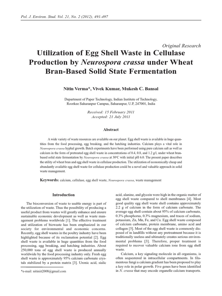 Egg Shell Waste for Cellulase Production | PDF | Cellulose | Diet ...