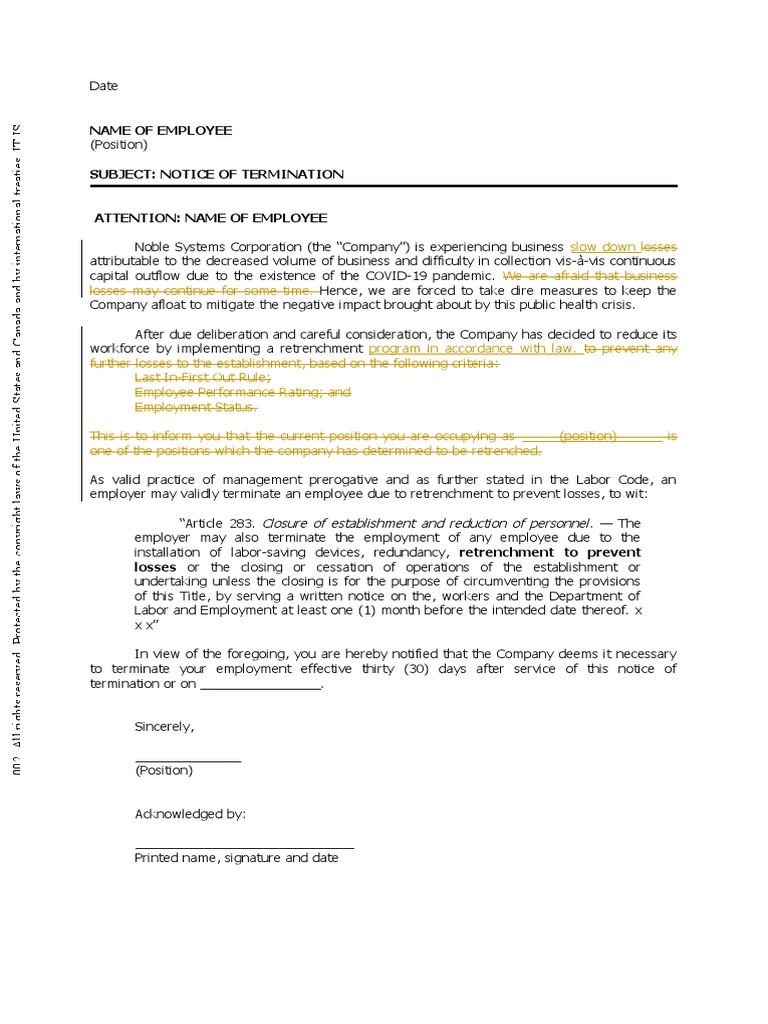 Retrenchment Letter Format Contract Termination Letter 19+ Examples,